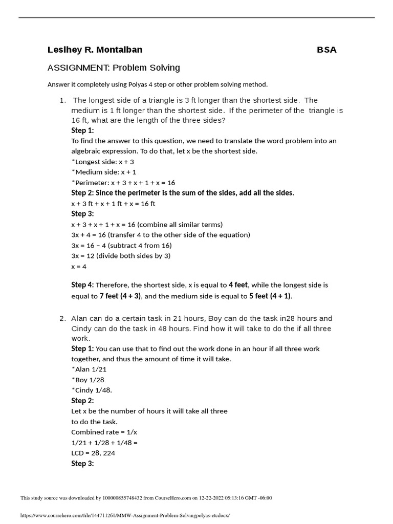 MMW Assignment Problem Solving Polyas Etc | PDF | Triangle | Elementary Mathematics