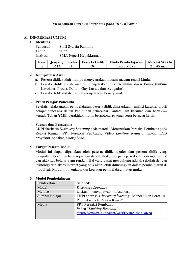 Modul Ajar Pereaksi Pembatas | PDF | Karier & Perkembangan