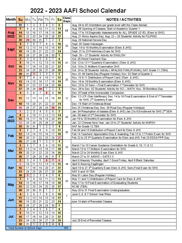Proposed 2022-2023 Academic Calendar for AAFI School Outlining ...