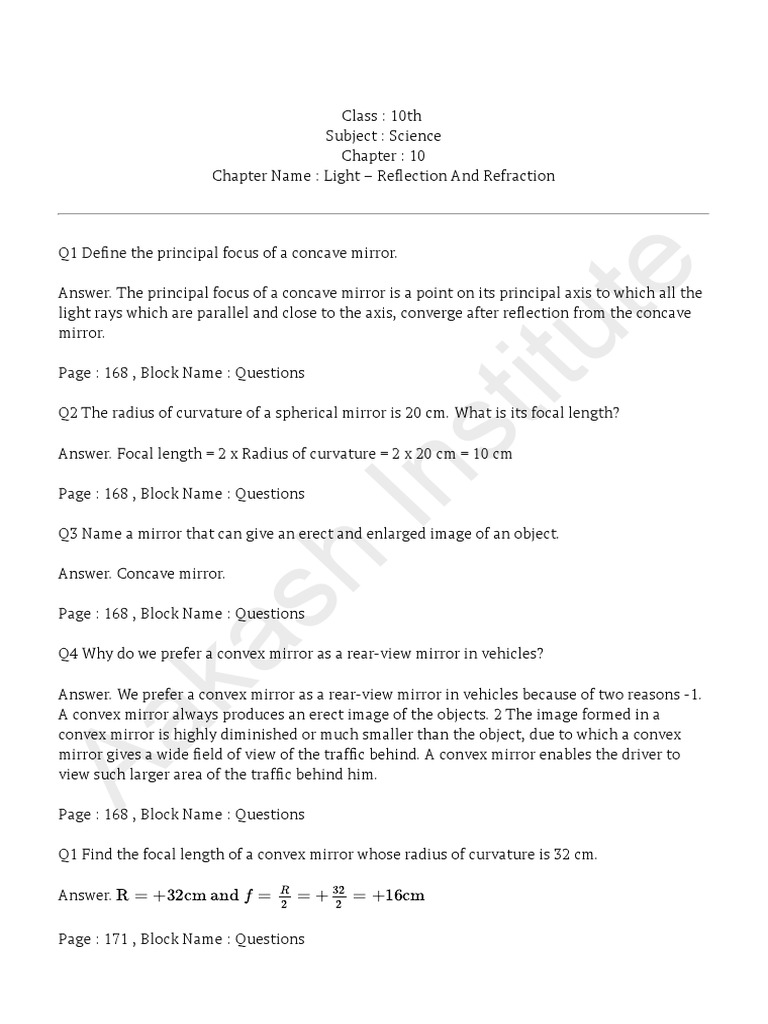 Ncert Solution Cbse Class 10 Sci Chap 10 | PDF | Mirror | Glass ...