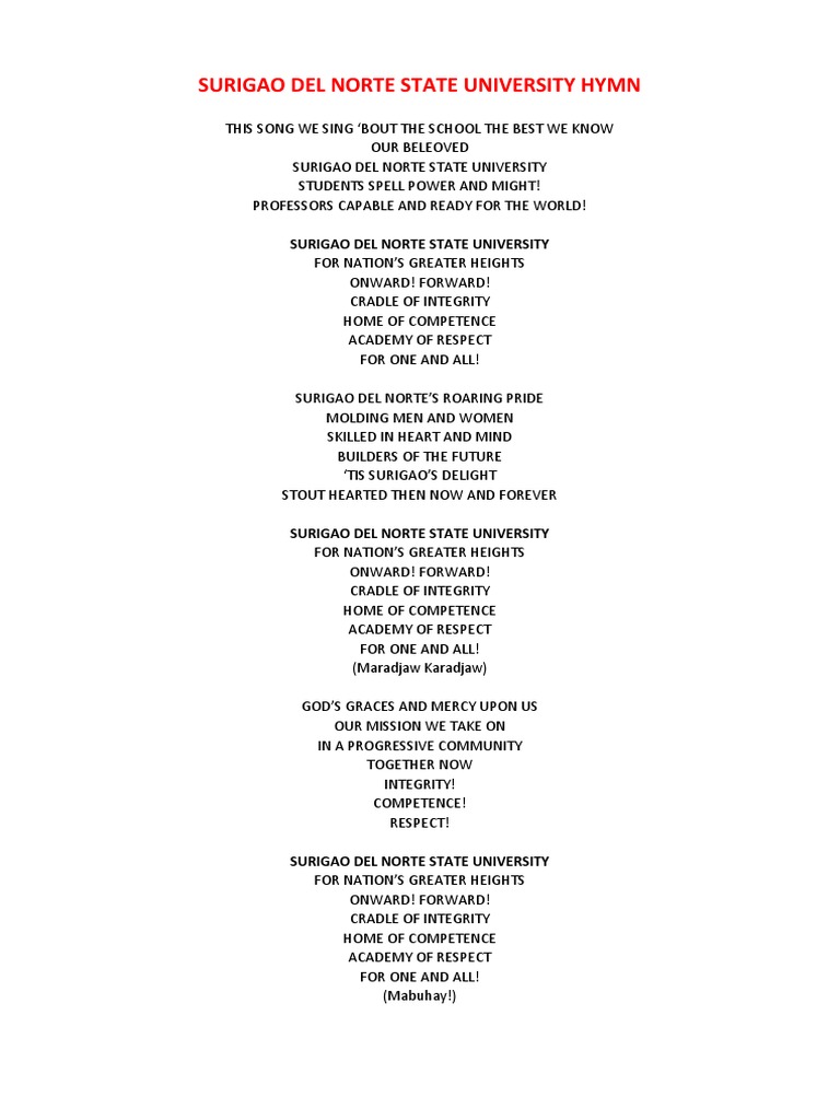 Surigao del Norte State University Hymn | PDF | Art | Religion ...