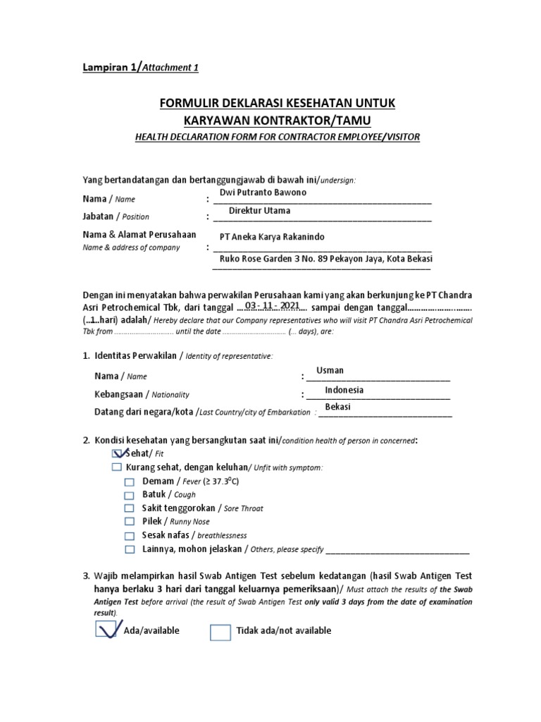 Form Deklarasi Kesehatan Kunjungan | PDF