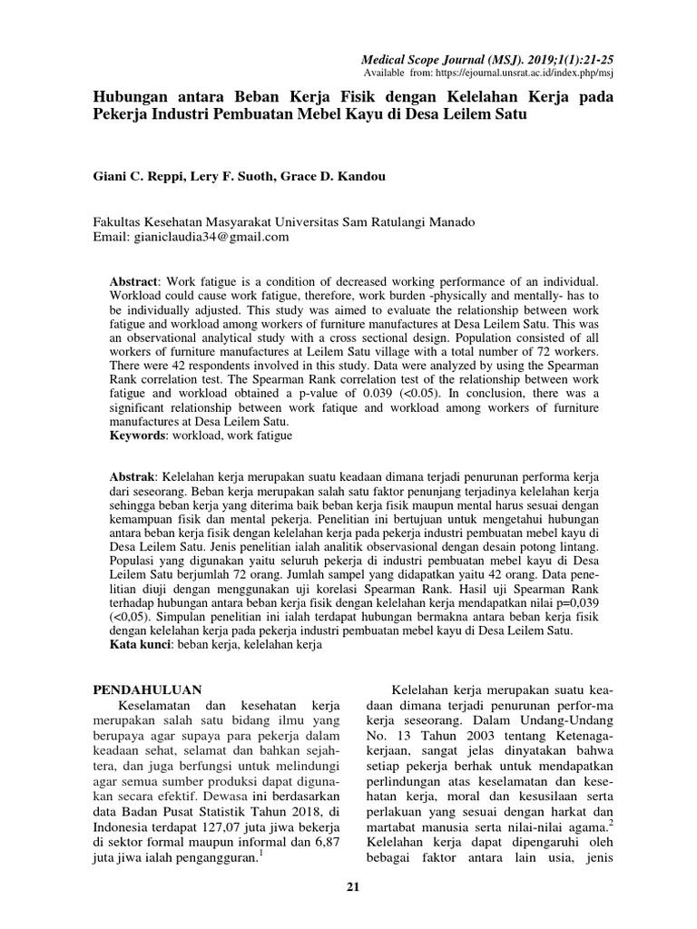 Hubungan Beban Kerja dan Kelelahan di Industri Mebel | PDF