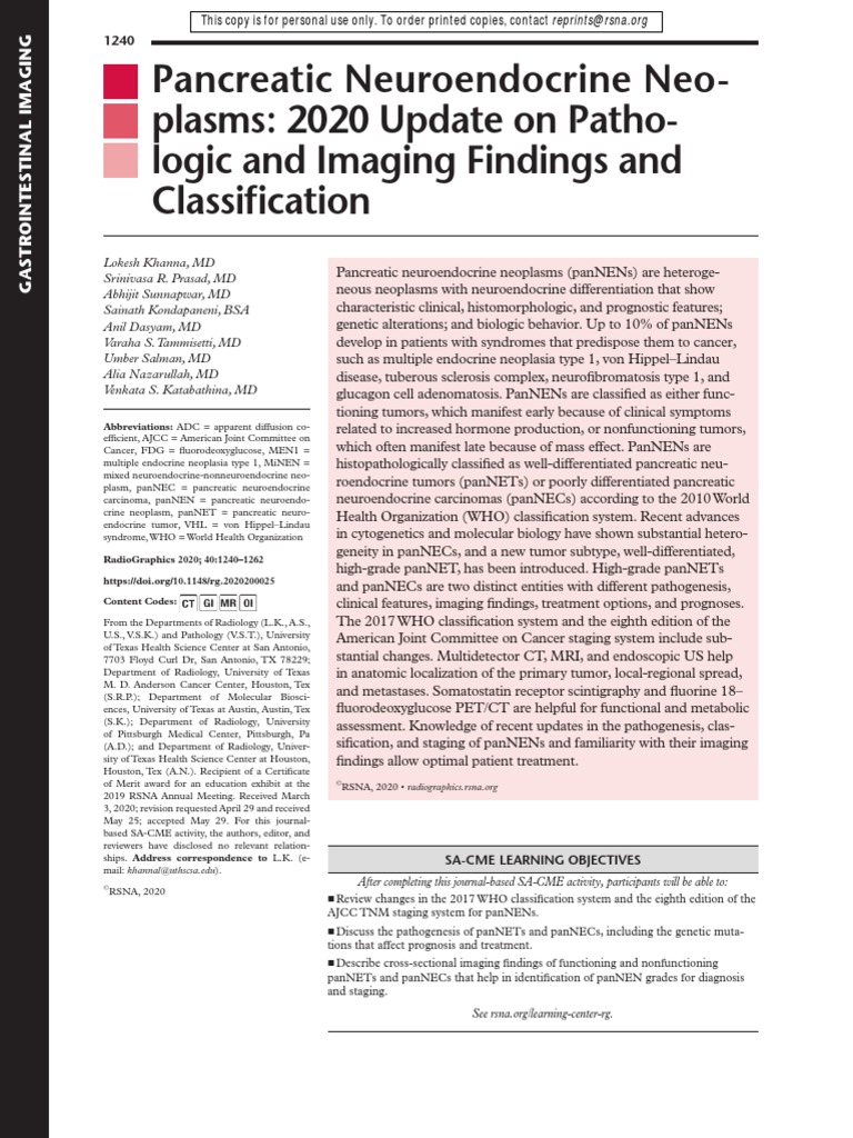 PNET - 2020 Update On Pathologic, Imaging Findings and Classifications ...