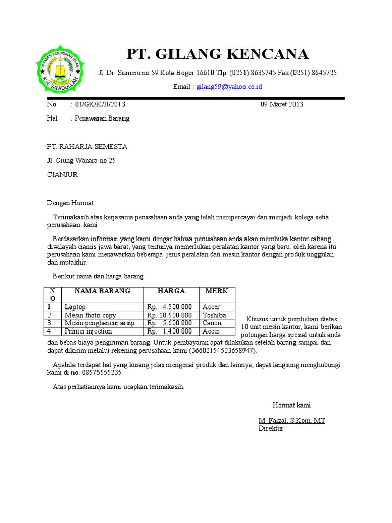 Surat Penawaran Barang Semi Block Style | PDF