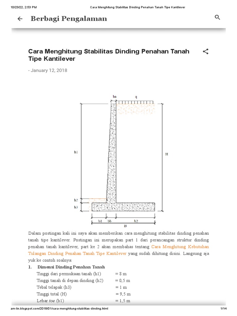 Cara Menghitung Stabilitas Dinding Penahan Tanah Tipe Kantilever | PDF