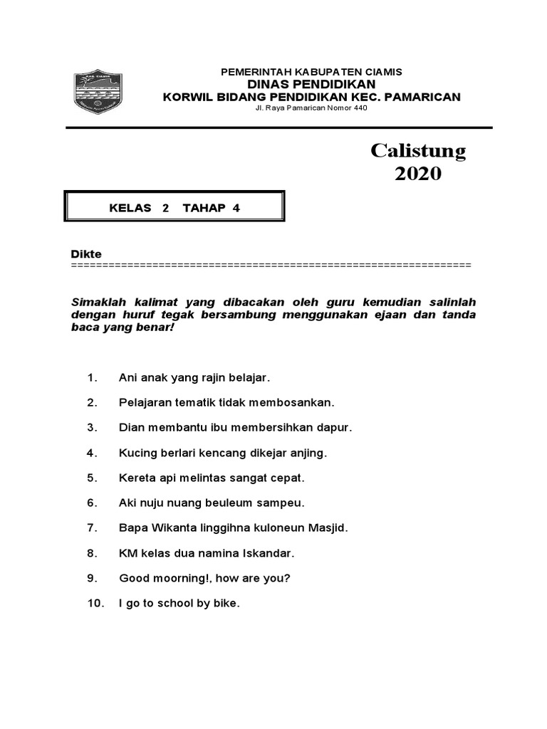 Dikte Kelas 2: Latihan Calistung | PDF