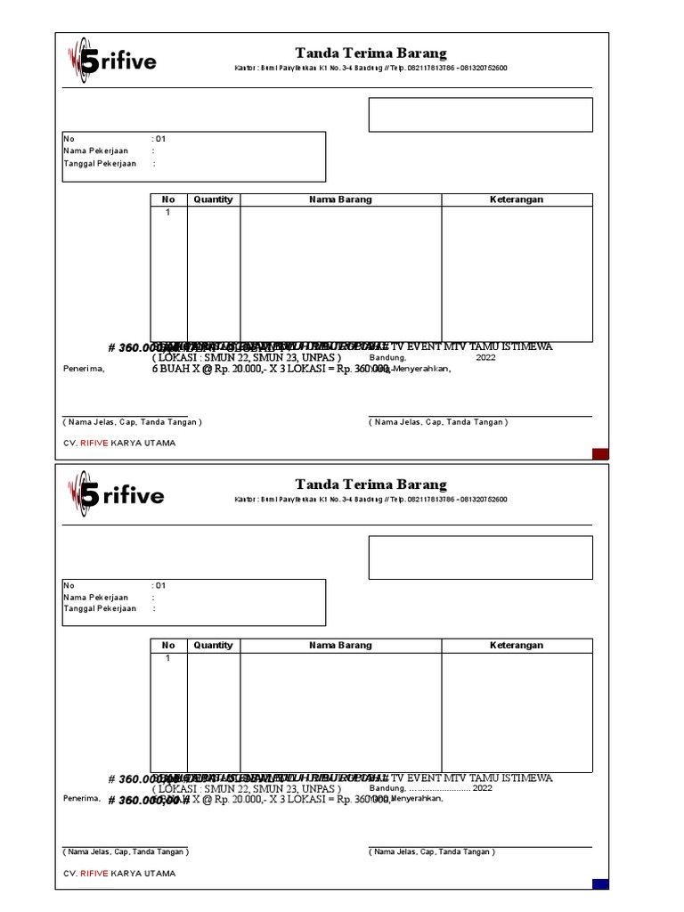 Tanda Terima Barang CV. RIFIVE KARYA | PDF