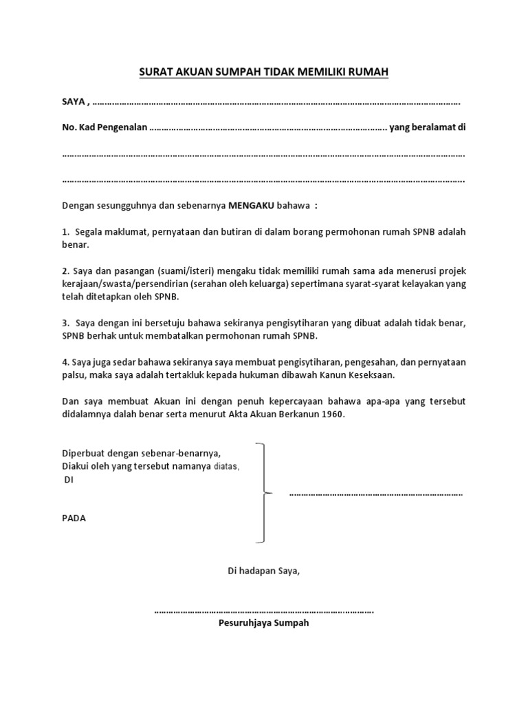 Surat Akuan Sumpah Tidak Memiliki Rumah | PDF