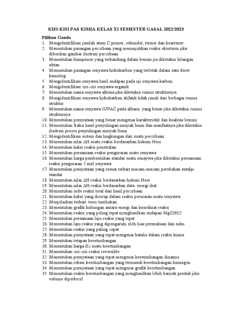 Kisi-Kisi PAS Kimia Kelas XI | PDF | Teknologi & Rekayasa