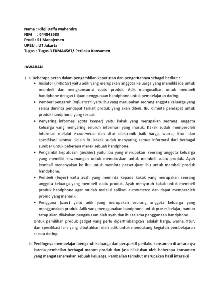 Tugas 3 EKMA4567 Perilaku Konsumen Rifqi Daffa Mahendra 044843683 | PDF