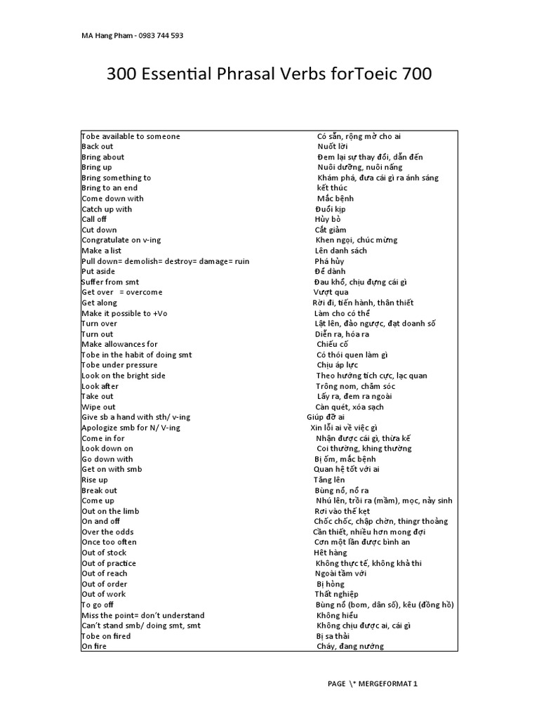 300 Essential Phrasal Verbs For Toeic 700. MA Hang Pham | PDF