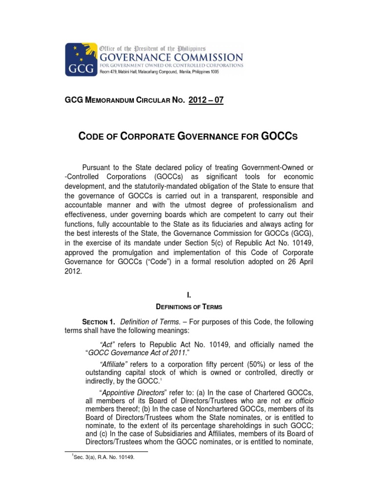 Corporate Governance Code for GOCCs | PDF | Board Of Directors | Audit
