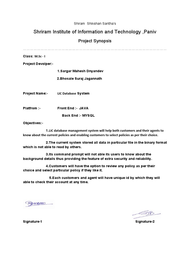 Project Synopsis | PDF | Databases | Insurance