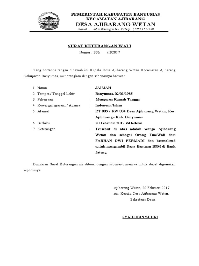 Surat Keterangan Wali | PDF