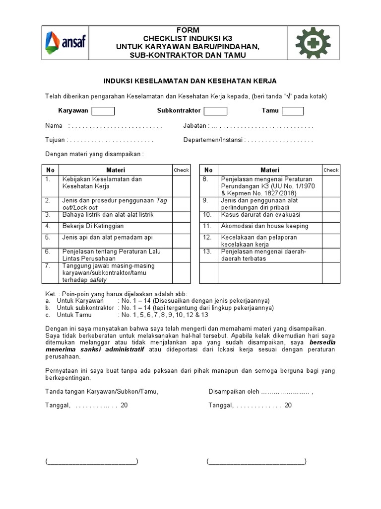 Form Checklist Induski K3 Karyawan | PDF