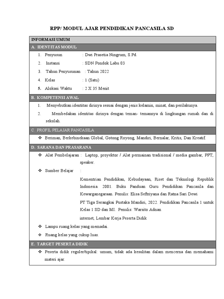 RPP Modul Ajar Pendidikan Pancasila SD KELAS 1 | PDF