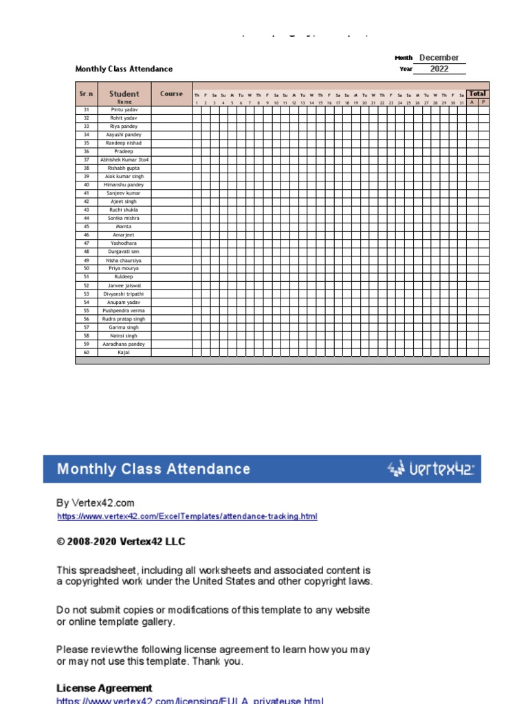 Class Attendance Monthly Nsec | PDF