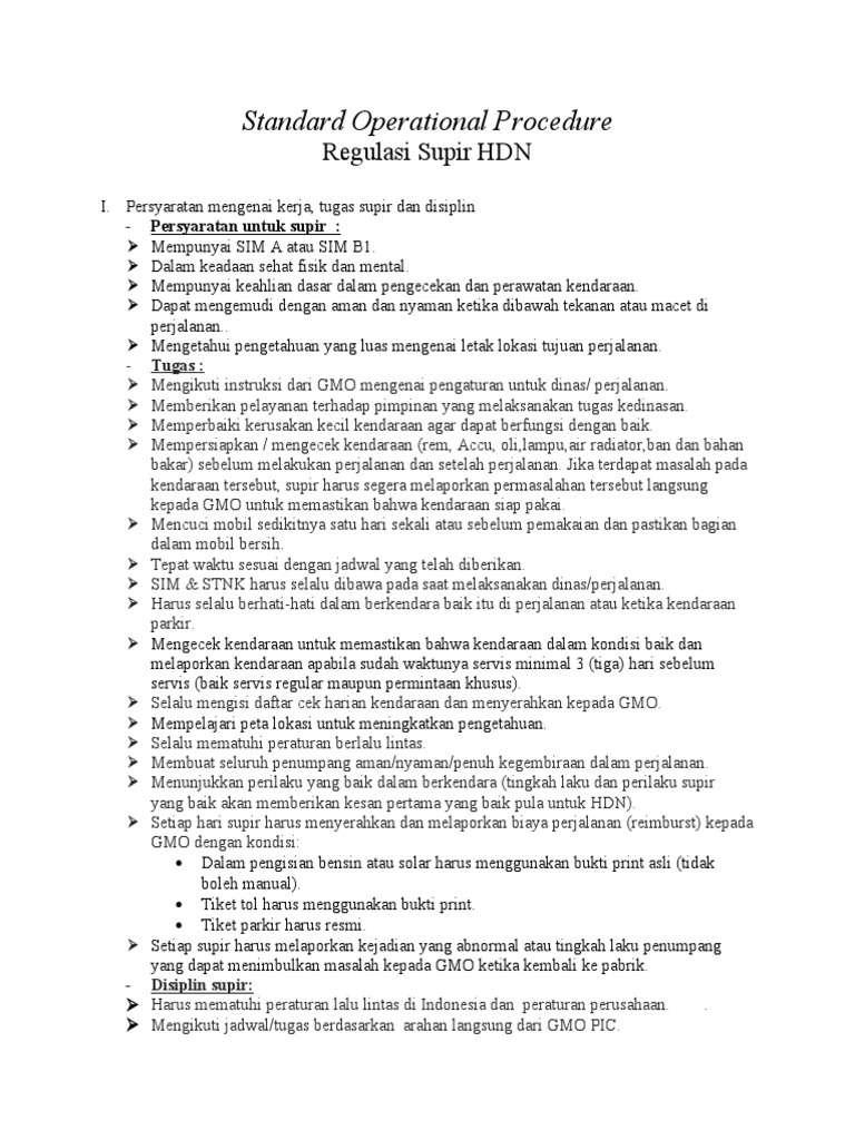 SOP Regulasi Supir HDN | PDF