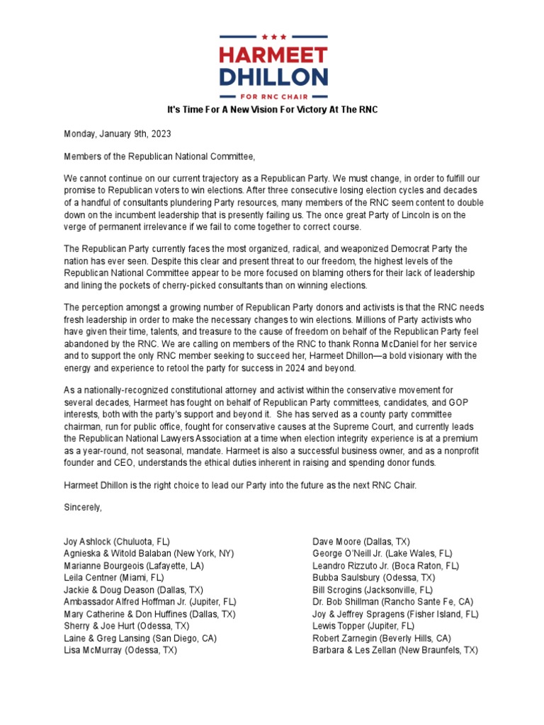 Dhillon For RNC Chair Donor Letter | PDF | Republican National ...