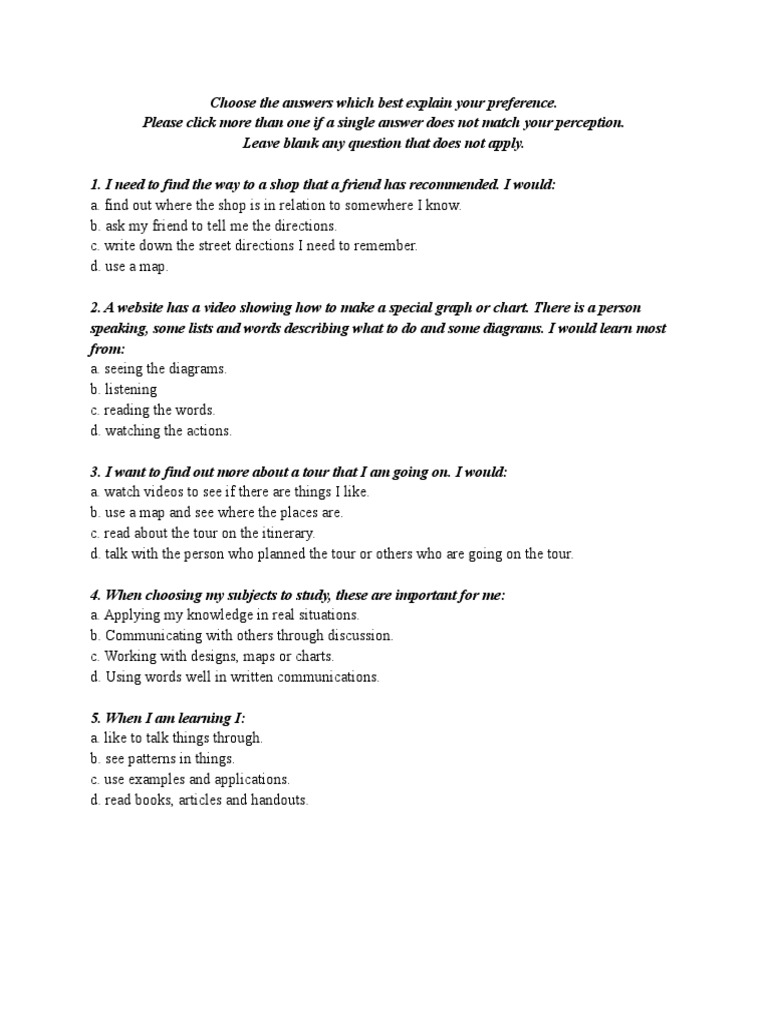 VARK Questionnaire | PDF | Fundraising | Cognitive Psychology VARK Questionnaire | PDF | Fundraising | Cognitive Psychology