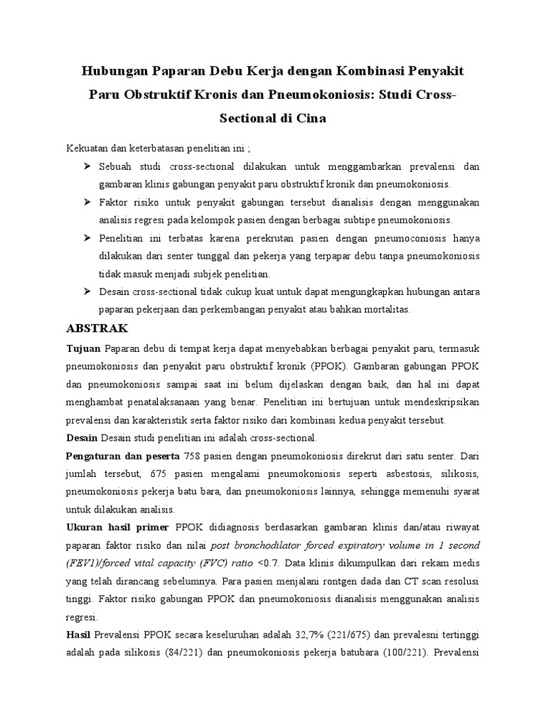 Hubungan Paparan Debu Kerja Dengan Kombinasi Penyakit Paru Obstruktif Kronis Dan Pneumokoniosis ...
