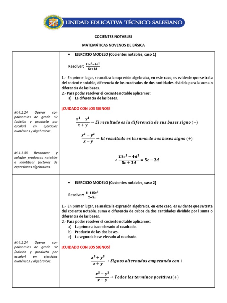 Ejercicios Modelo de Cocientes Notables | PDF | Multiplicación | Fórmula