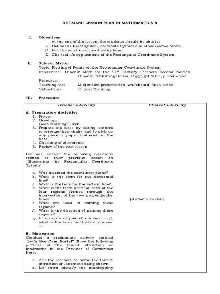 Detailed Lesson Plan in Mathematics For Demo | PDF | Cartesian ...