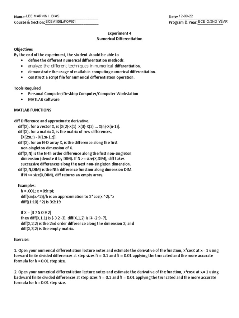 Experiment 4 - Numerical Differentiation | PDF | Derivative | Matrix ...