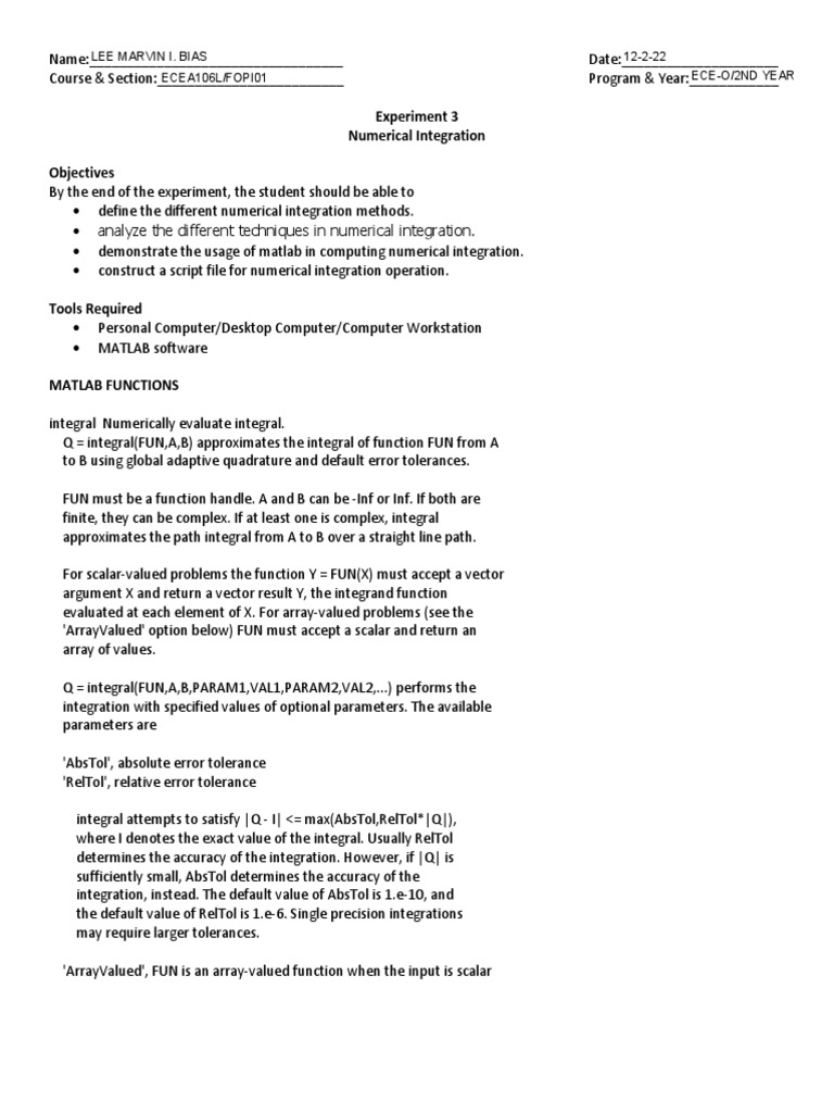 MATLAB Numerical Integration Guide | PDF | Integral | Parameter ...