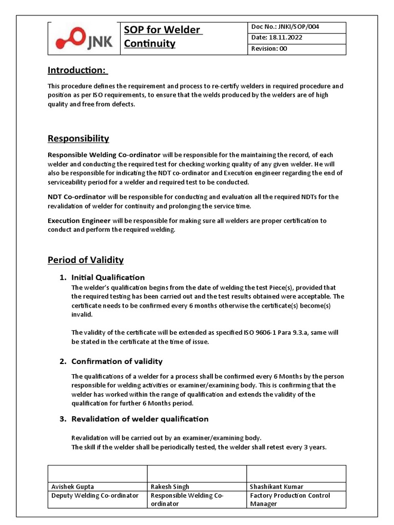 JNKI-SOP-004-Welder Continuity Procedure - Revision | PDF ...