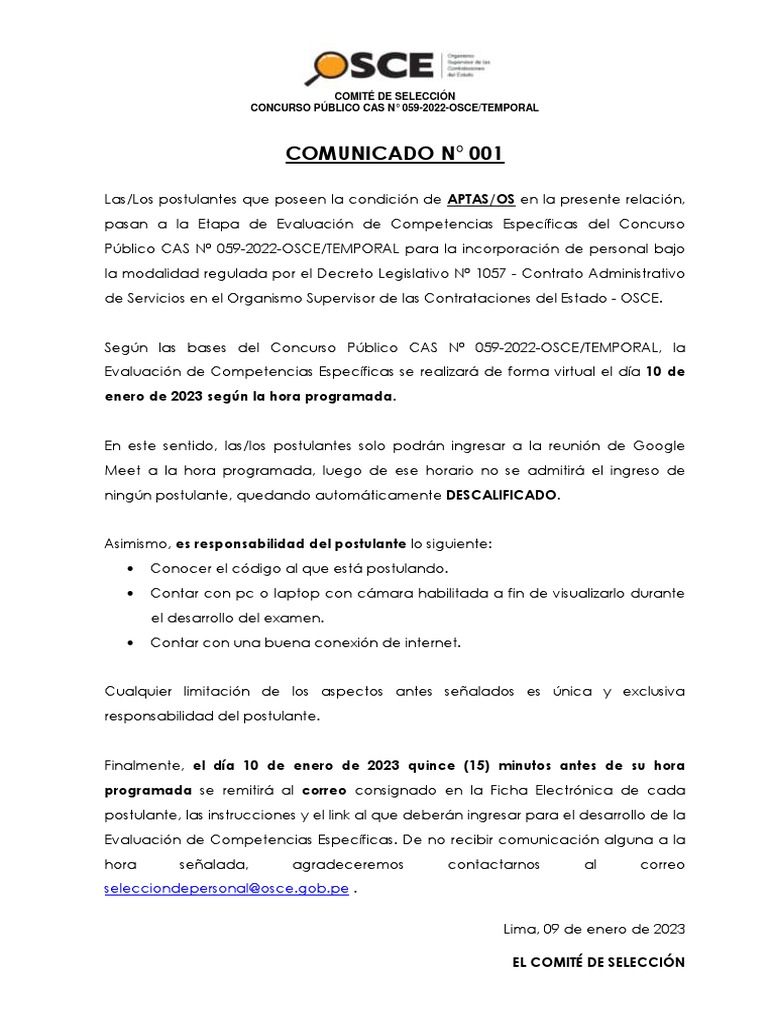 Evaluacion Cas 059 2022 Osce | PDF | Finanzas y dinero