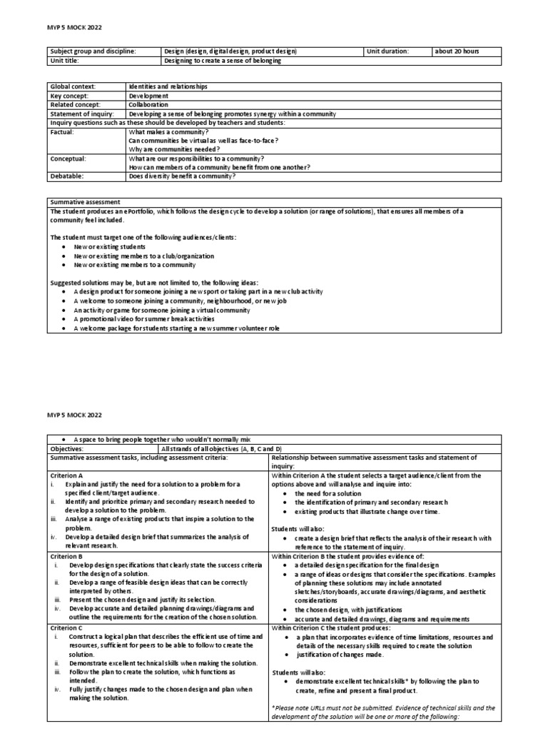 Myp 5 Design Mock 2022 | PDF | Design | Community