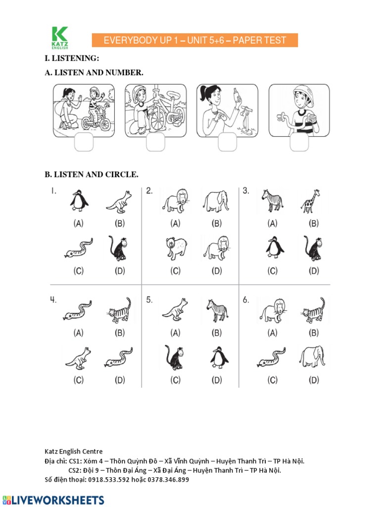 Everybody UP 1 - Unit 5+6 - Paper Test: I. Listening: A. Listen and ...