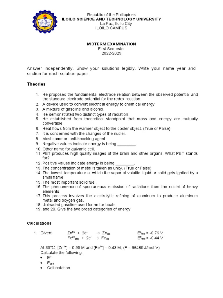 MIDTERM EXAMINATION - Echem | PDF | Zinc | Materials