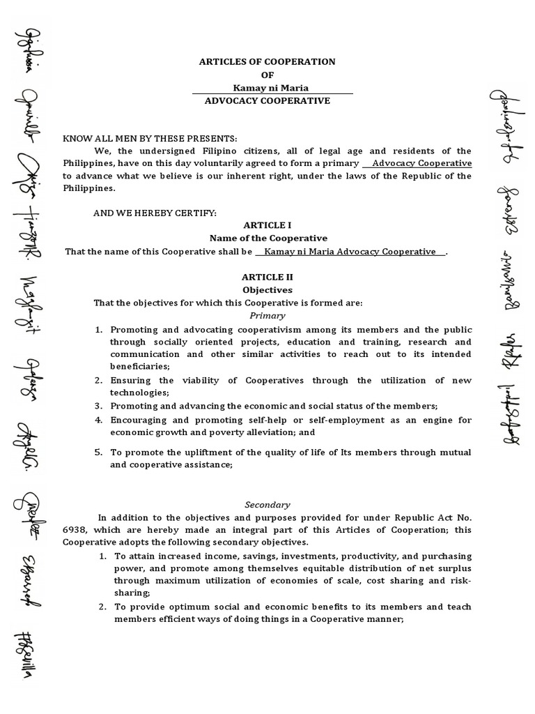 Formation of the Kamay ni Maria Advocacy Cooperative: Articles of ...