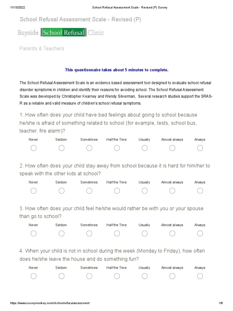 School Refusal Assessment Scale | PDF | Psychological Concepts ...