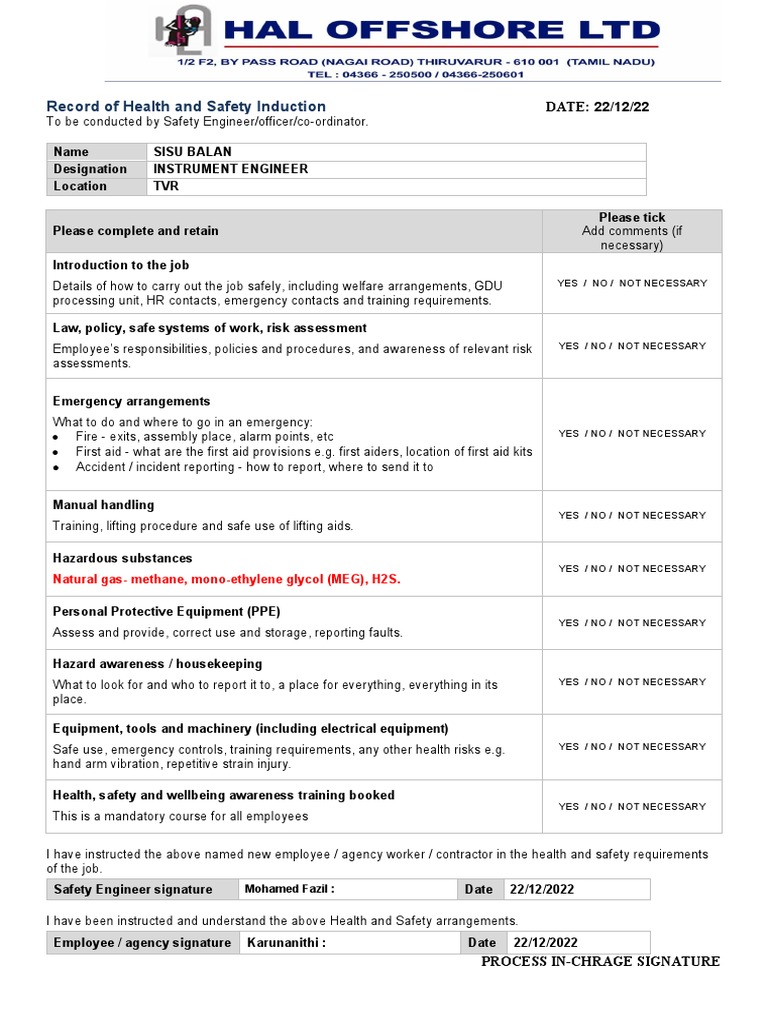 H&S Induction Record | PDF | Occupational Safety And Health | Working ...