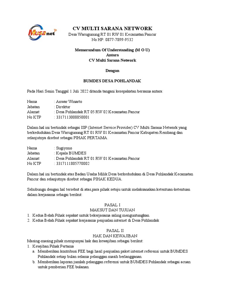 Surat MOU BUMDES POHLANDAK | PDF