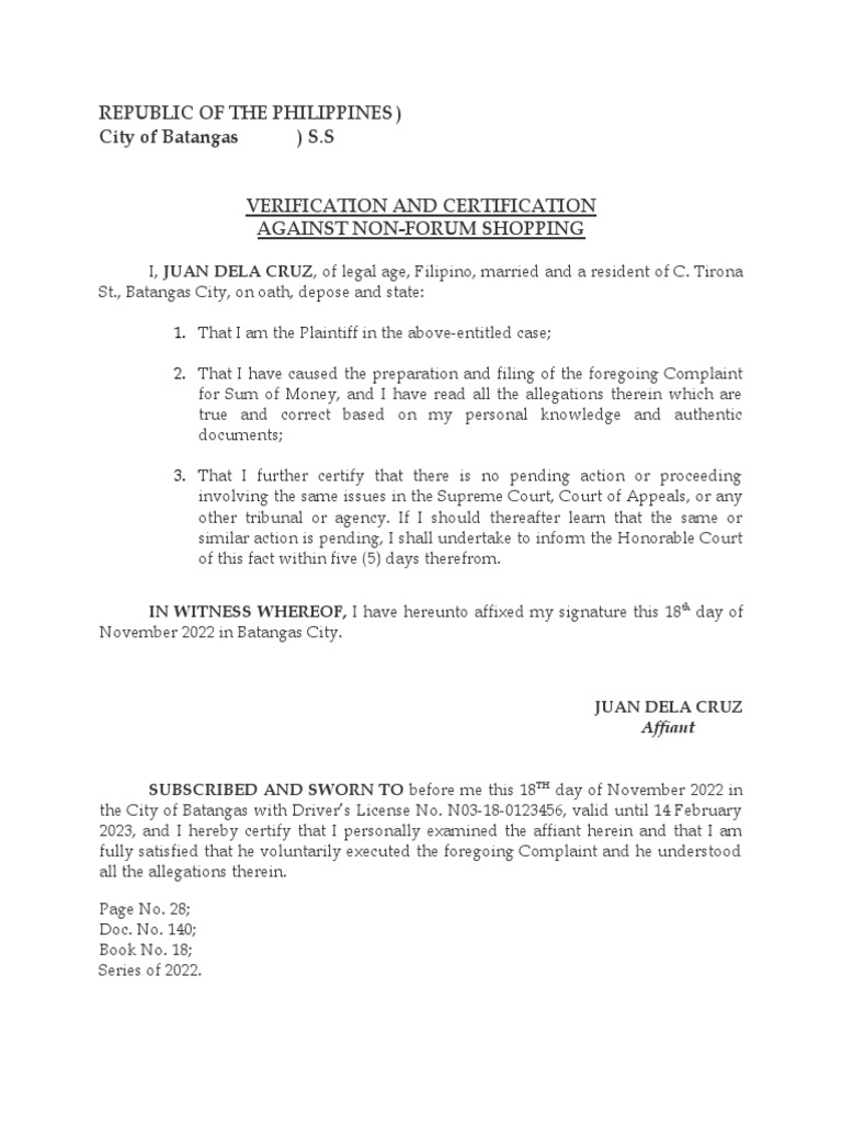 Verification & Certification Against Non-Forum Shopping | PDF