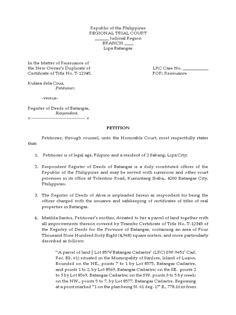 Petition For Reissuance of A Lost Certificate of Title | PDF ...