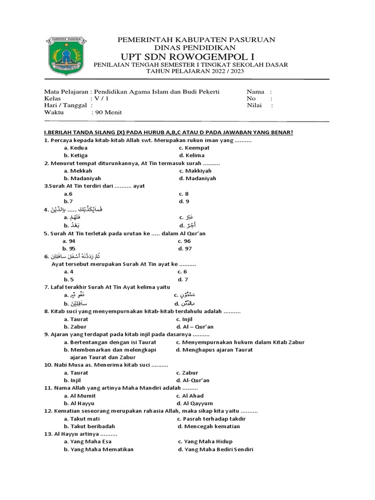 Soal PTS Pai Kelas 5 | PDF