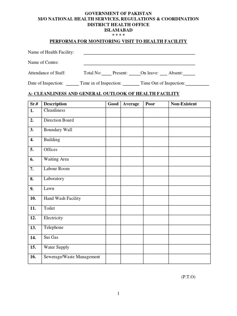 Health Facility Monitoring Performa Pdf Hygiene Medicine