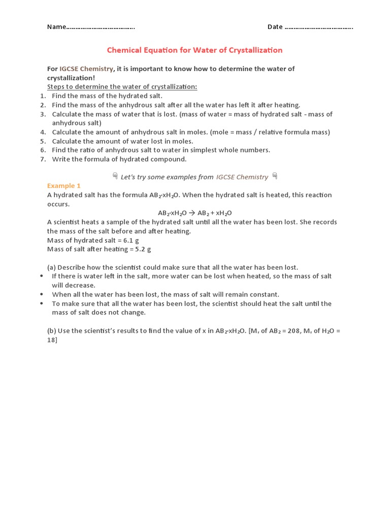 Chemical Equation For Water of Crystallization | PDF | Nature ...
