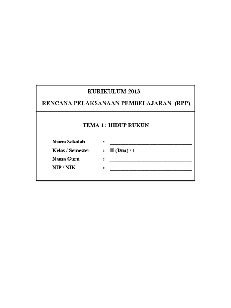 (8.1) RPP SD Kelas 2 Tema 1 - Hidup Rukun | PDF