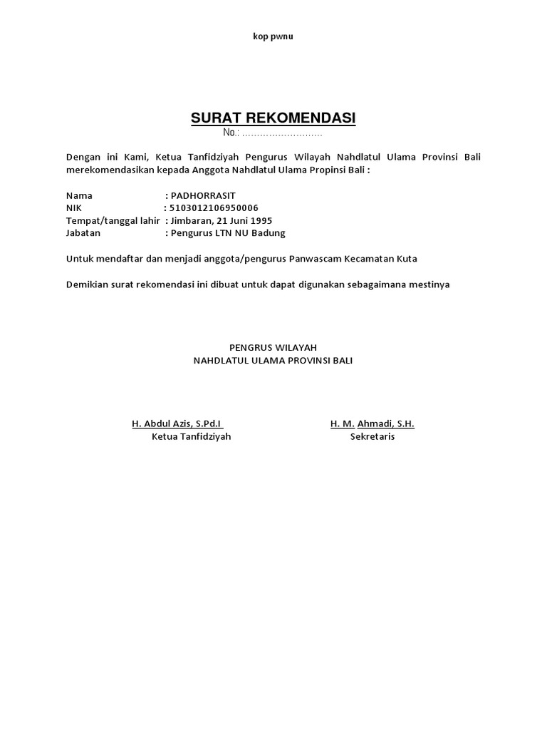 Surat Rekomendasi Dari Pwnu Bali | PDF