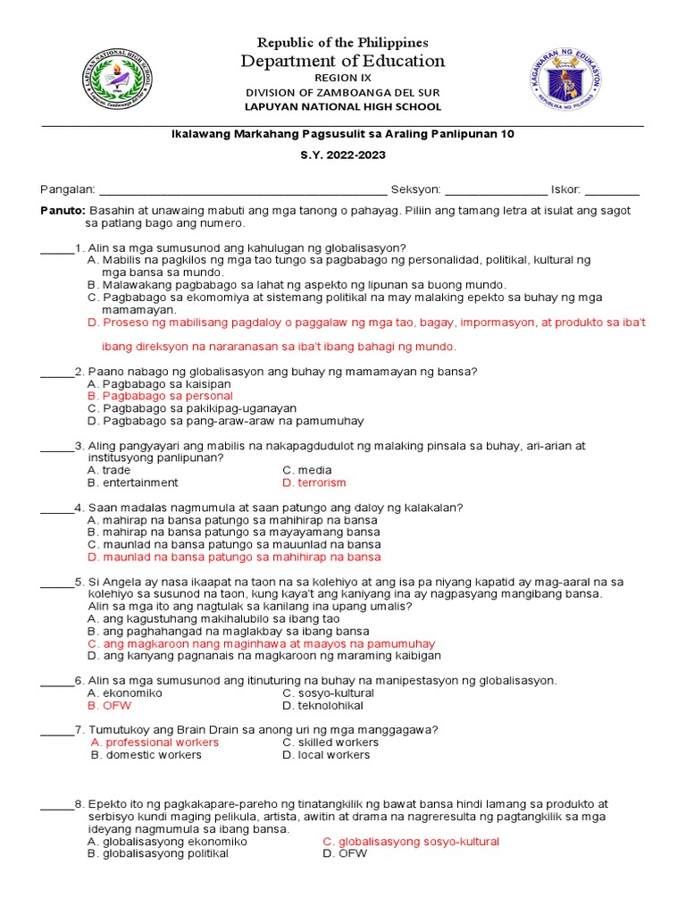 2nd-Quarter Test-Paper - AP-10 | PDF