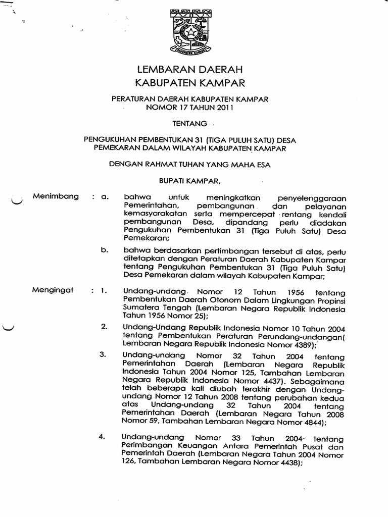 Perda Kampar 2011 TTG Pemekaran Desa | PDF