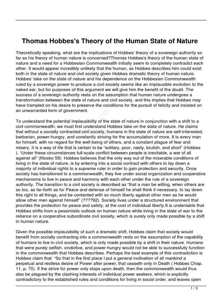 Hobbes: Nature, Sovereignty, and Felicity | PDF | Human Nature | Civil ...