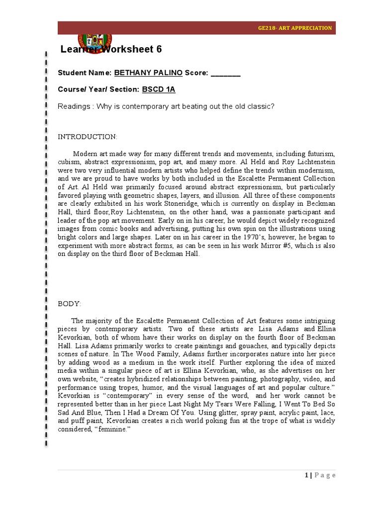 Learner Worksheet 6 | PDF | Abstract Art | Paintings